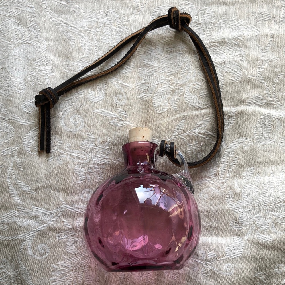 Vintage Pink Blown Glass Flask Cork With Leather Stra… - Gem